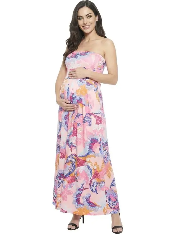 24SEVEN COMFORT APPAREL Maternity Abstract Print A-line Maxi Dress - Pink Multi