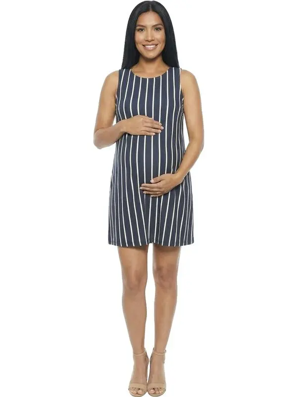 24SEVEN COMFORT APPAREL Maternity Striped Mini Shift Dress - Navy Multi