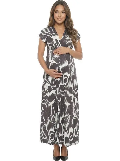 24SEVEN COMFORT APPAREL Maternity Abstract V-neck Maxi Dress - Black Multi
