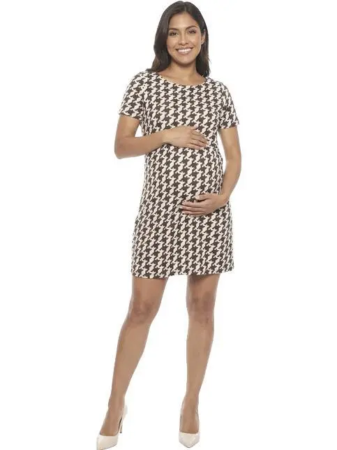 24SEVEN COMFORT APPAREL Maternity Geometric Print Mini Shift Dress - Brown Multi