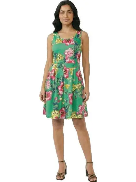 24SEVEN COMFORT APPAREL Petite Floral Sleeveless Pleated Pocket Fit N Flare Dress - Green Multi