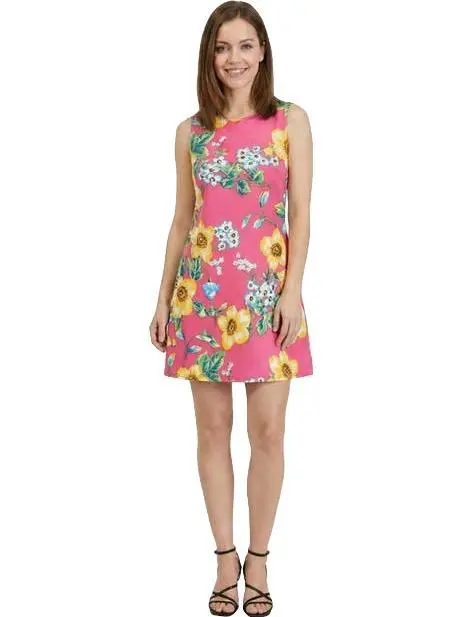 24SEVEN COMFORT APPAREL Essential Petite Floral Mini Shift Dress - Pink Multi