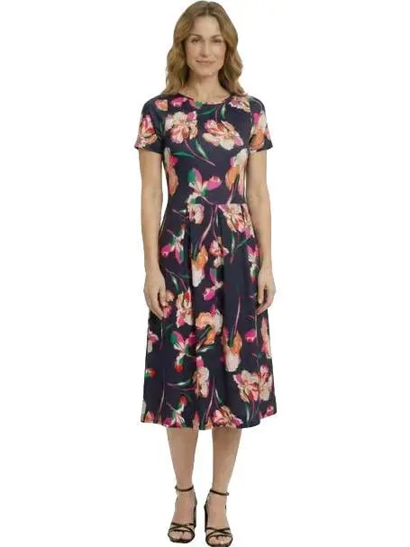 24SEVEN COMFORT APPAREL Petite Floral Print Fit And Flare Midi Dress - Navy Multi