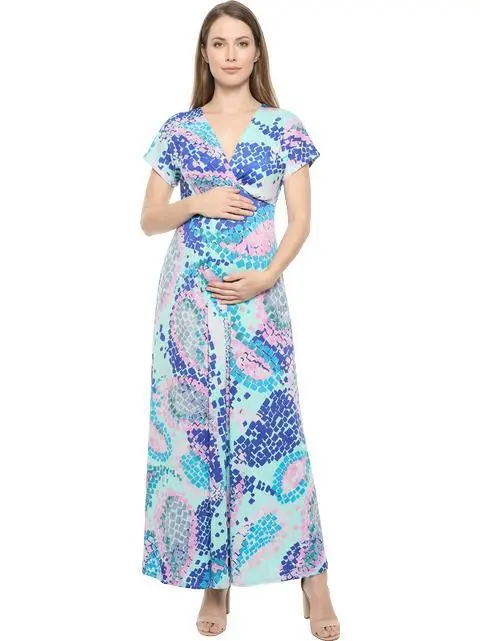 24SEVEN COMFORT APPAREL Maternity Abstract V-neck Empire Waist Maxi Dress - Blue Multi