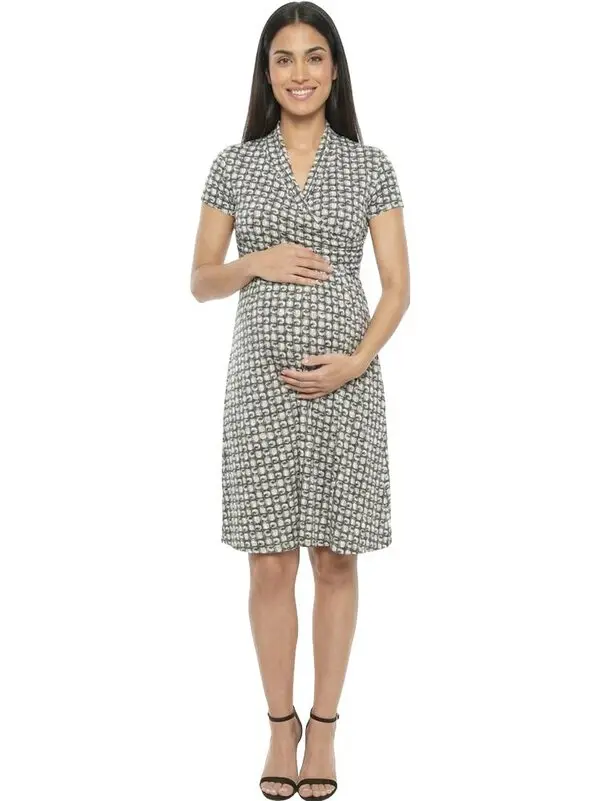24SEVEN COMFORT APPAREL Maternity Geometric Print Faux Wrap A-line Dress - Black Multi
