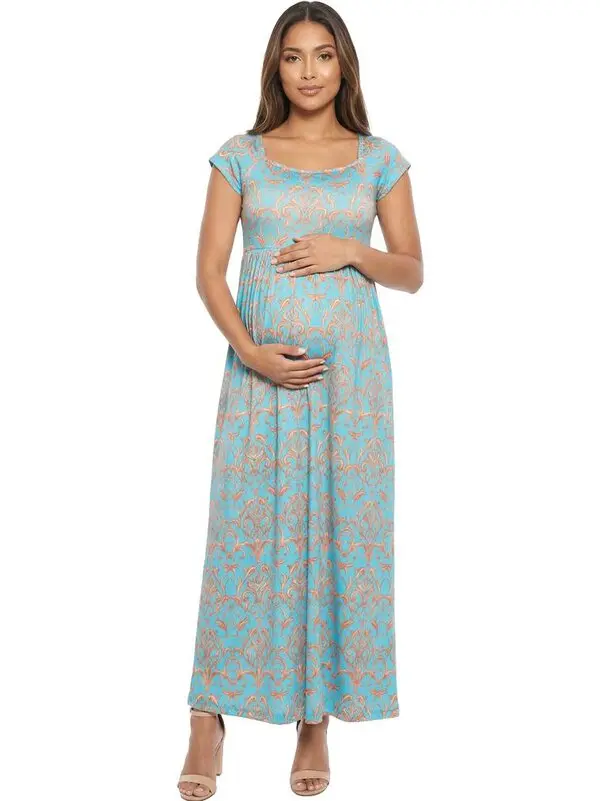 24SEVEN COMFORT APPAREL Maternity Abstract Print Maxi Dress - Blue Multi