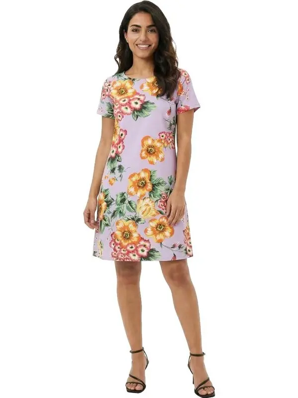 24SEVEN COMFORT APPAREL Petite Floral Print Mini Shift Dress - Lilac Multi