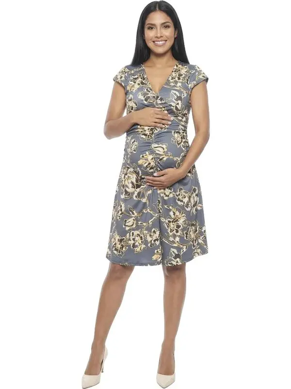 24SEVEN COMFORT APPAREL Maternity Floral V-neck Knee Length Dress - Grey Multi