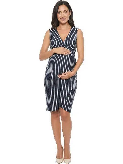 24SEVEN COMFORT APPAREL Maternity Striped Sleeveless Faux Wrap Midi Dress - Navy Multi