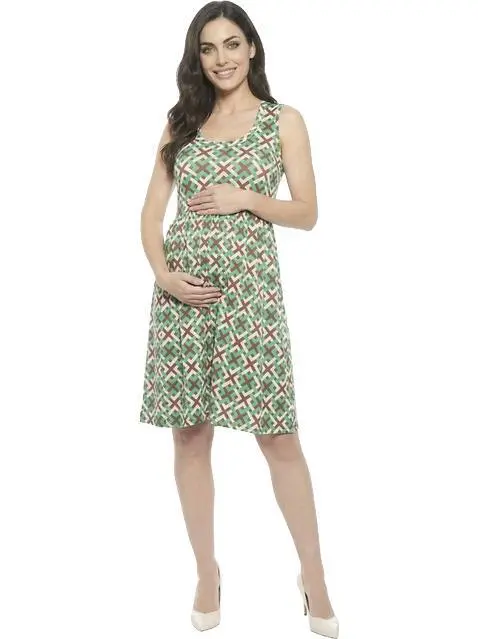 24SEVEN COMFORT APPAREL Maternity Geometric Print Sleeveless A-line Dress - Green Multi