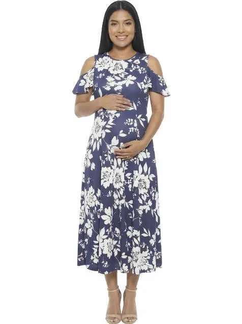 24SEVEN COMFORT APPAREL Maternity Floral Print Cold Shoulder Maxi Dress - Navy Multi