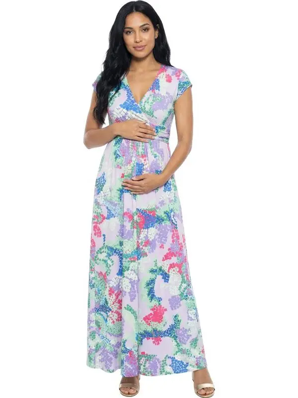 24SEVEN COMFORT APPAREL Maternity Abstract V-neck Maxi Dress - Lilac Multi