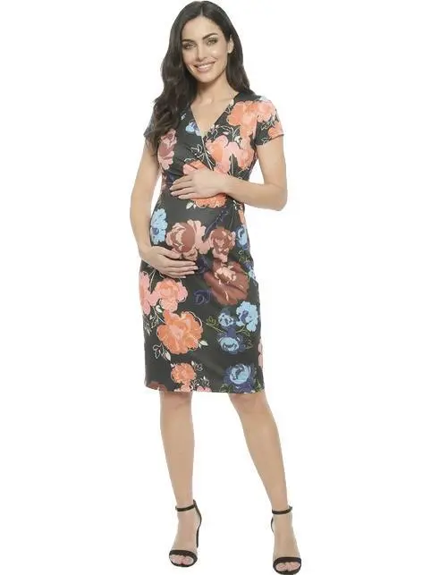 24SEVEN COMFORT APPAREL Maternity Floral Print Faux Wrap Dress - Black Multi