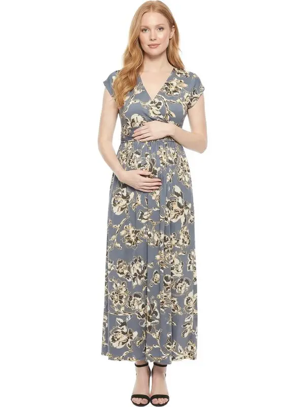 24SEVEN COMFORT APPAREL Maternity Floral V-neck Maxi Dress - Grey Multi