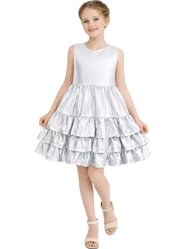 MIMI TUTU Satin Ruffle Party Dress - Silver