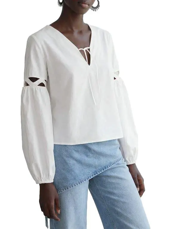 Mango Tie Neck Cutout Poplin Top - Off White