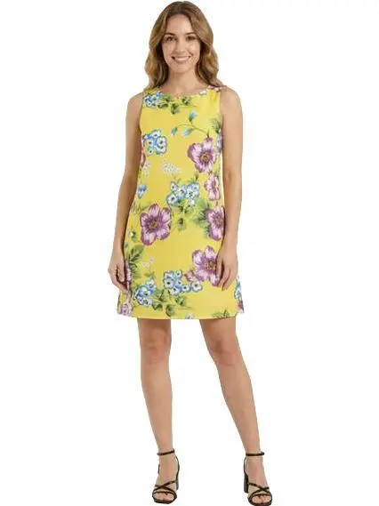 24SEVEN COMFORT APPAREL Essential Petite Floral A-line Mini Shift Dress - Yellow Multi