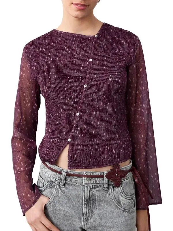 Mango Asymmetric Smocked Button-up Top - Purple