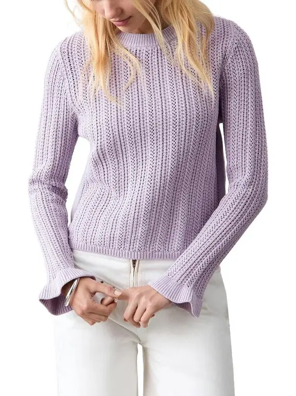 Mango Open Stitch Ruffle Cuff Cotton Sweater - Light/pastel Purple