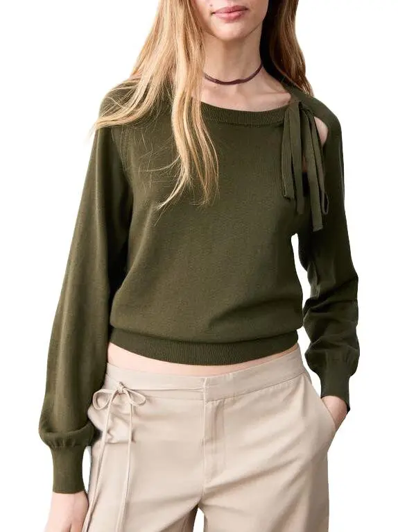 Mango Tie Neck Cotton Sweater - Khaki Green