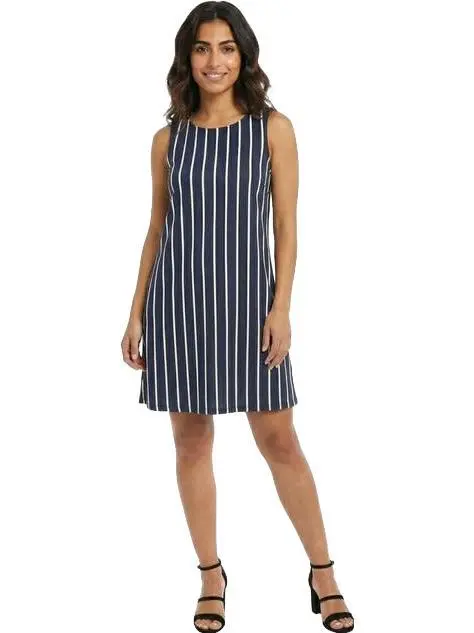 24SEVEN COMFORT APPAREL Essential Petite Striped A-line Mini Shift Dress - Navy Multi