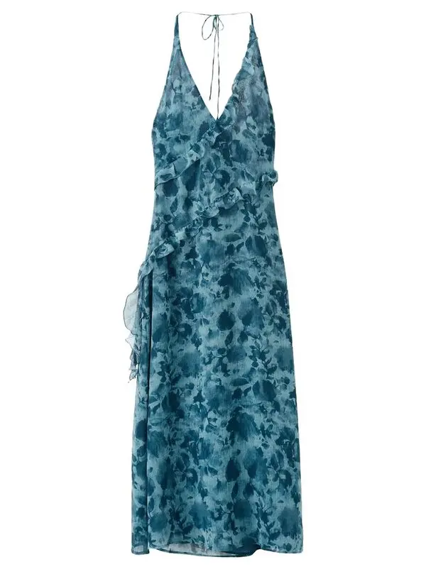 Mango Ruffle Print Halter Maxi Dress - Blue