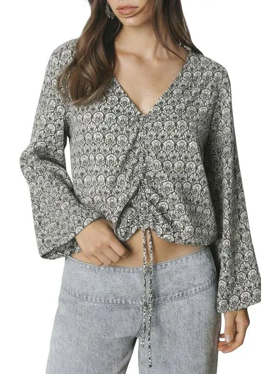 Mango Printed Drawstring Hem Top - Charcoal