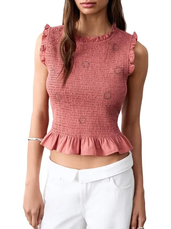 Mango Beaded Smocked Ruffle Trim Tank - Pastel Pink