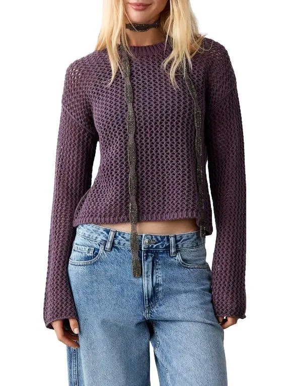 Mango Openwork Crop Cotton Sweater - Purple