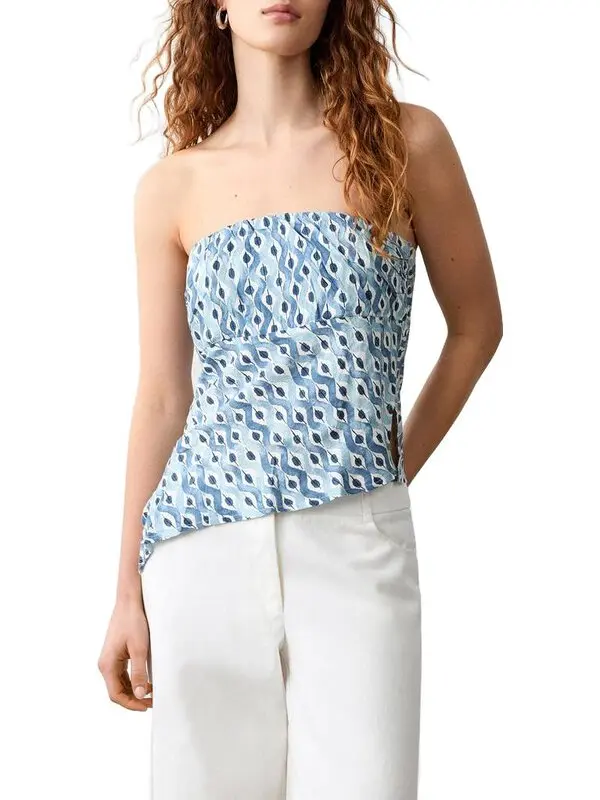 Mango Printed Asymmetric Strapless Top - Sky Blue
