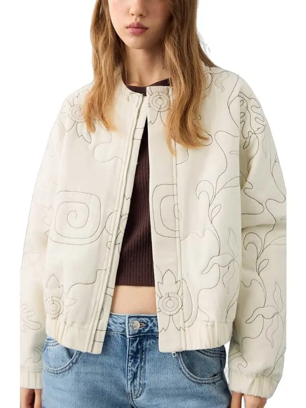 Mango Embroidered Quilted Jacket - Beige