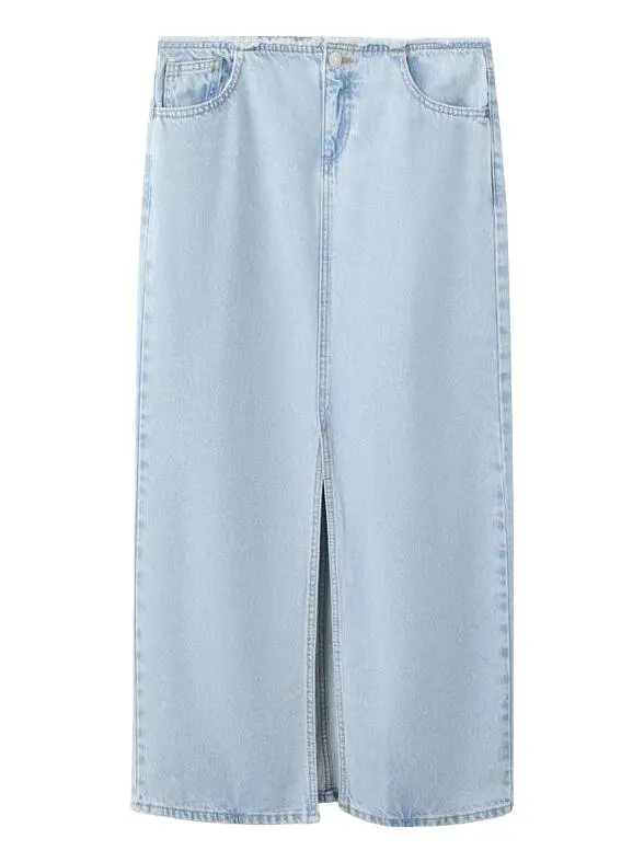 Mango Midi Denim Skirt With Front Slit - Bleach Blue