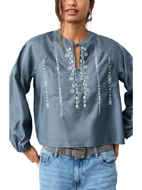 Mango Embroidered Peasant Top - Sky Blue