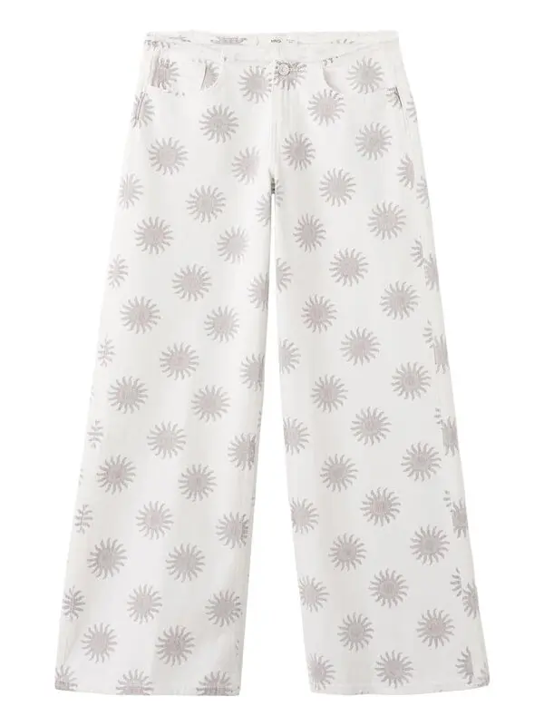 Mango Printed Low Rise Wide Leg Jeans - Ecru