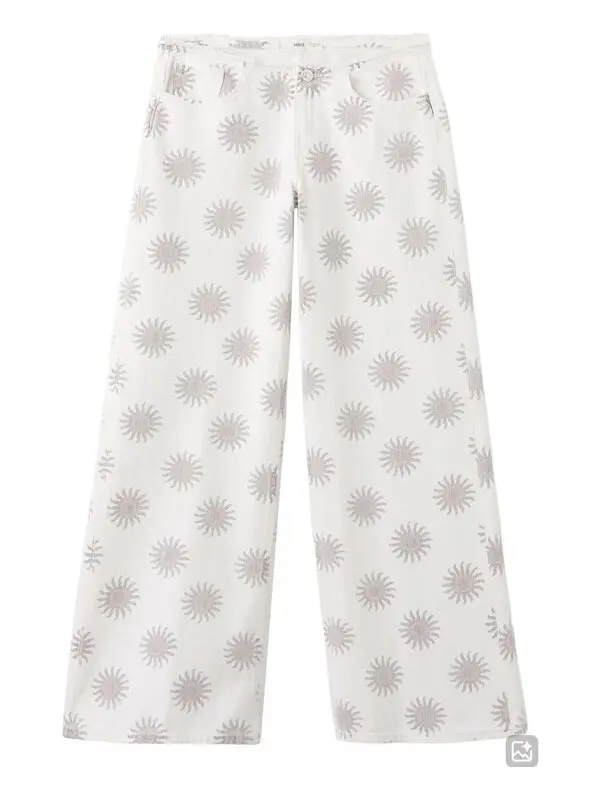 Mango Printed Low Rise Wide Leg Jeans - Ecru