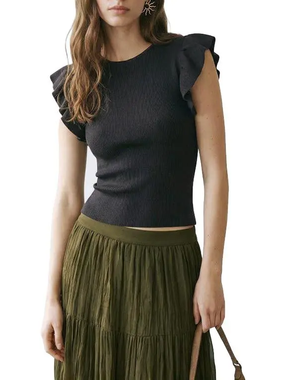 Mango Ruffle Sleeve Ribbed Crop Top - Charcoal