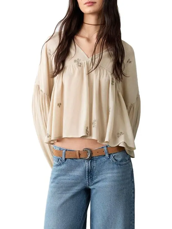 Mango Embroidered Peplum Blouse - Beige