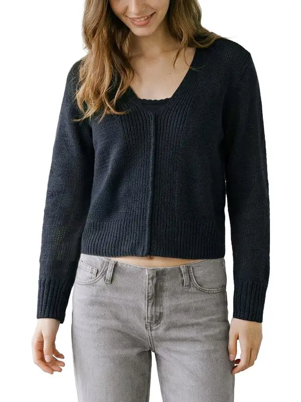 Mango Seam Front V-neck Sweater - Charcoal Navy