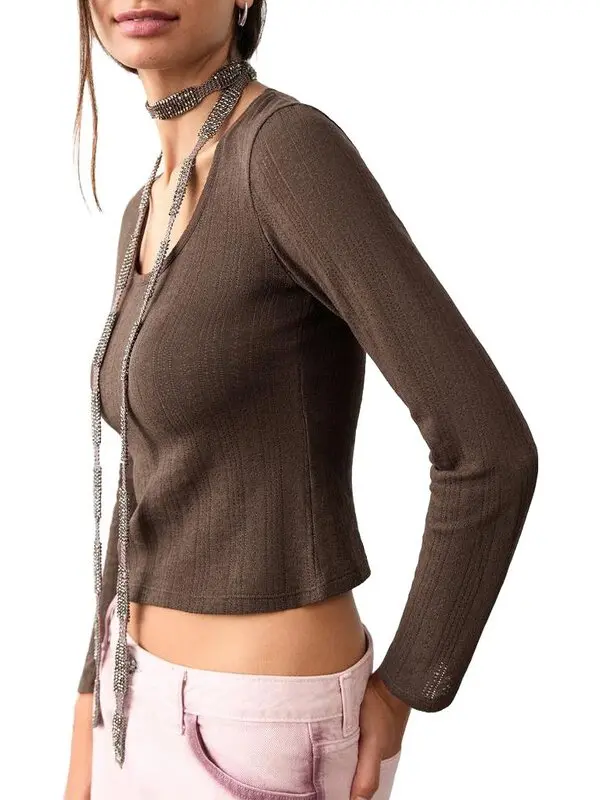 Mango Pointelle Long Sleeve Crop T-shirt - Brown