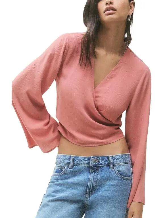 Mango Long Sleeve Wrap Front Top - Pink