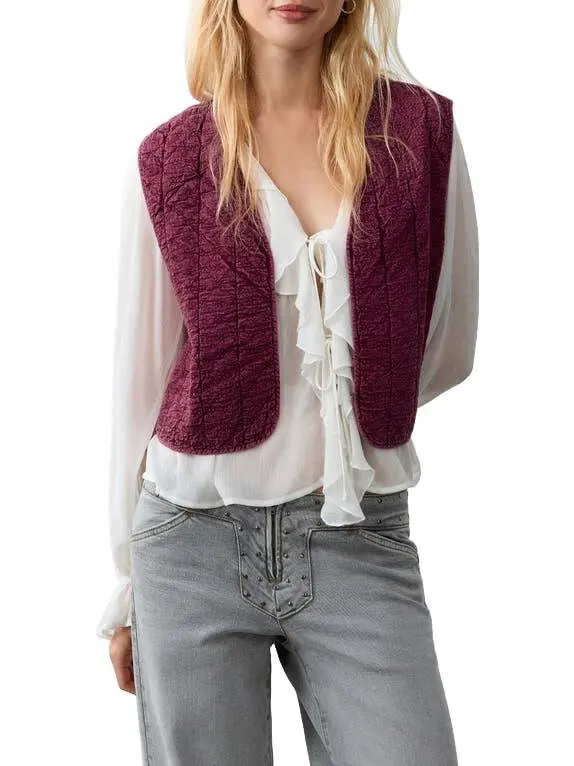 Mango Embroidered Quilted Vest - Burgundy