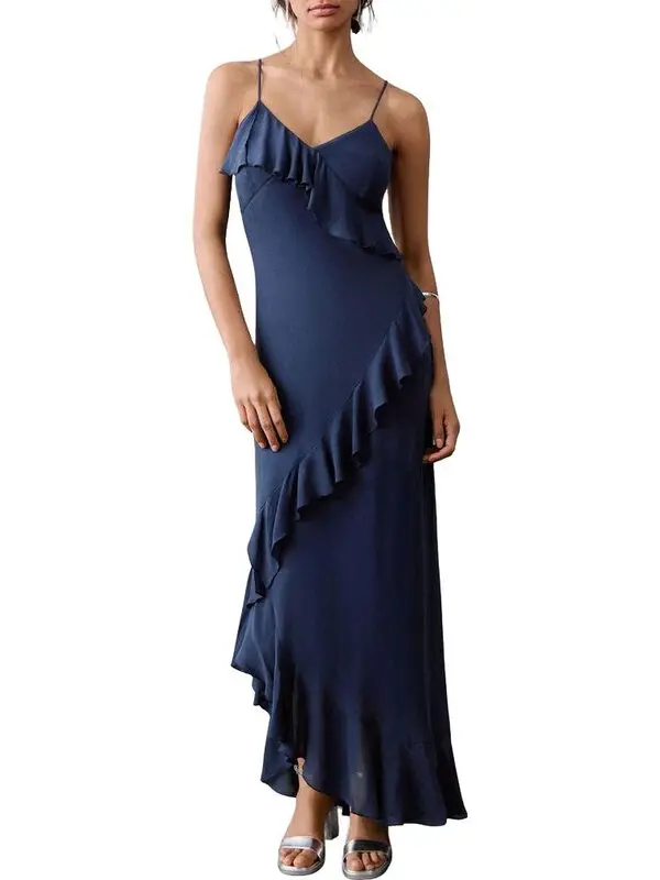Mango Ruffle Maxi Dress - Navy