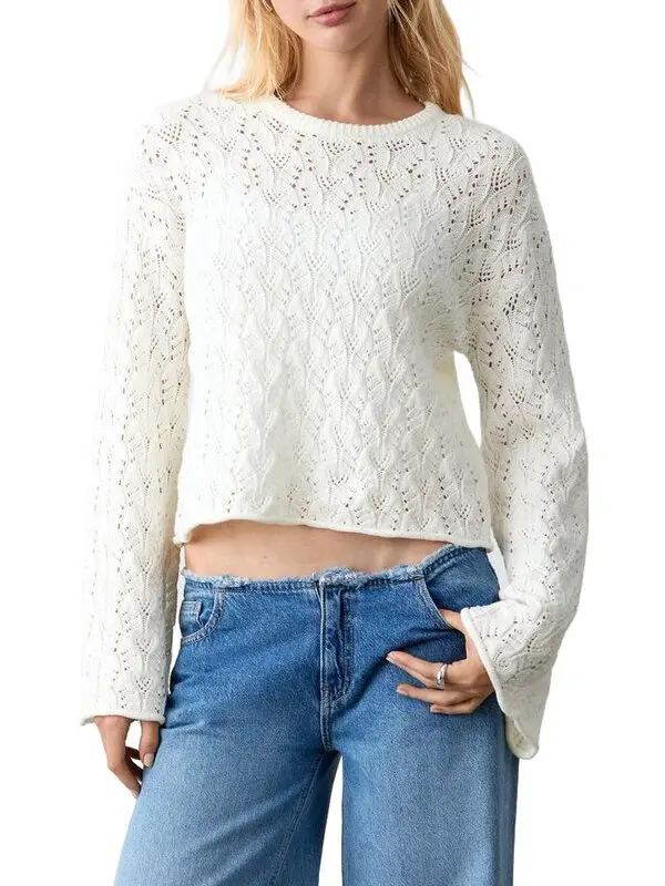 Mango Openwork Knit Crop Sweater - Off White