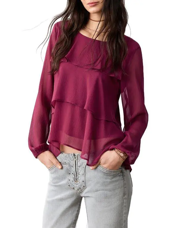 Mango Tiered Long Sleeve Chiffon Top - Purple Red