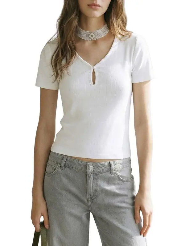 Mango Keyhole Rib Top - Off White
