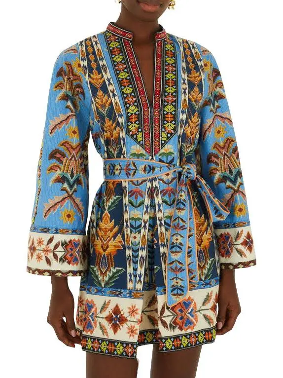 Farm Rio Embroidered Tapestry Long Sleeve Minidress - Blue