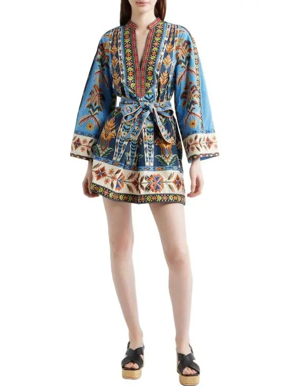 Farm Rio Embroidered Tapestry Long Sleeve Minidress - Blue