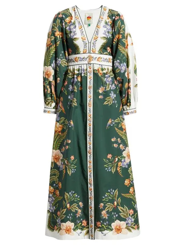 Farm Rio Nature Long Sleeve Floral Maxi Dress - Green