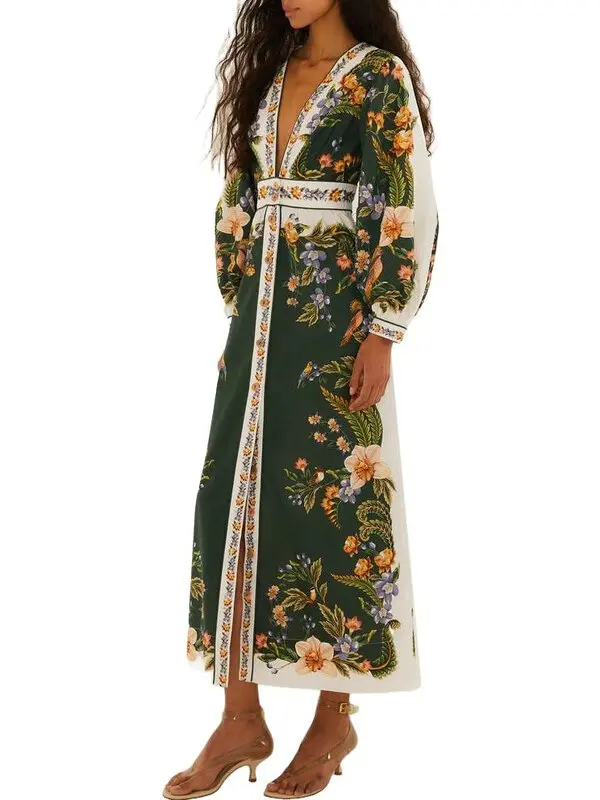 Farm Rio Nature Long Sleeve Floral Maxi Dress - Green