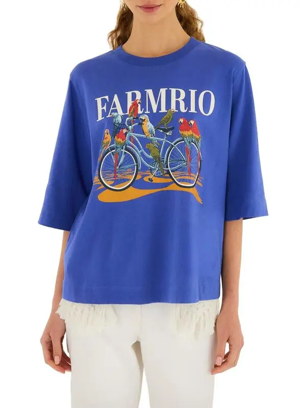 Farm Rio Bike Birds Graphic Boxy T-shirt - Blue
